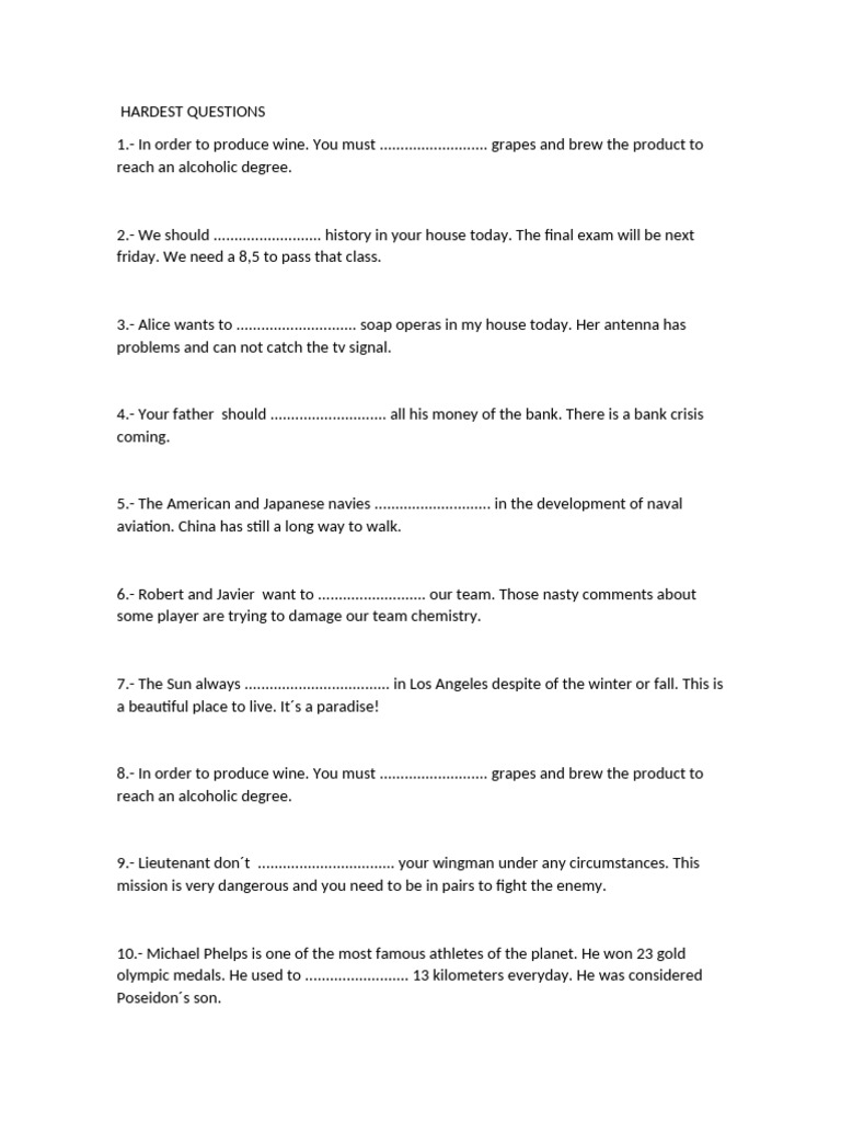 HARDEST QUESTIONS Segunda Prueba de Verbos 2024 Primer Semestre | PDF