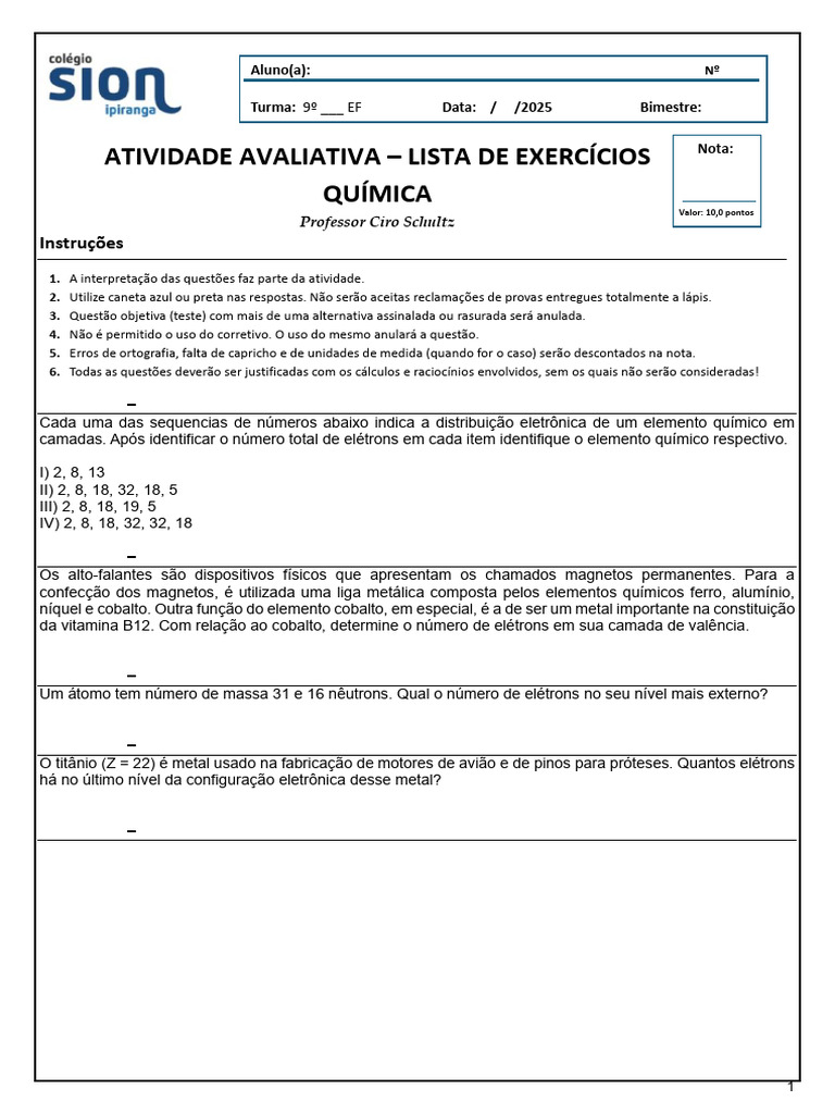 Lista 9 Ano - Atividade Avaliativa Quimica | PDF | Elétron | Nível de energia