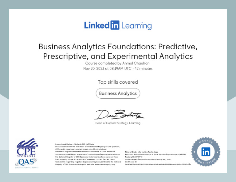 Business Analytics Course Completion Certificate | PDF