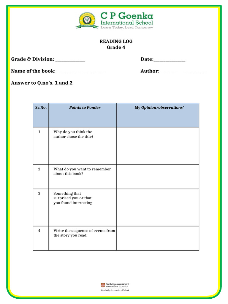 Grade 4 Reading Log Template | PDF