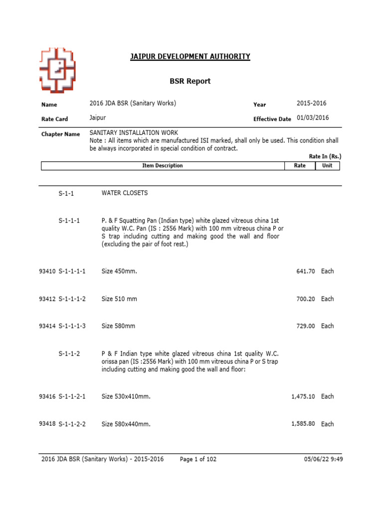 2016 JDA Sanitary Works Rate Card | PDF