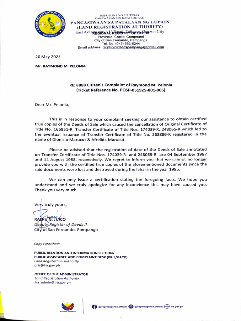 Land Registration Authority Response Letter | PDF