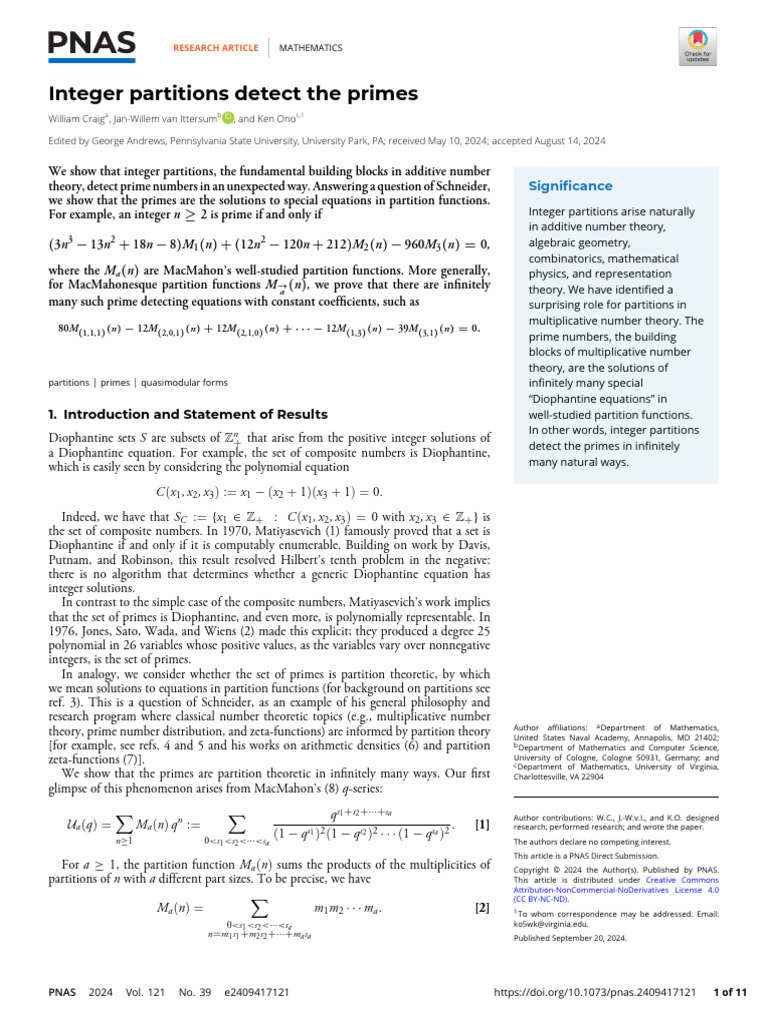 Integer Partitions Detect The Primes (Craig W., Ittersum J., Ono K., 2024) | PDF | Mathematical ...