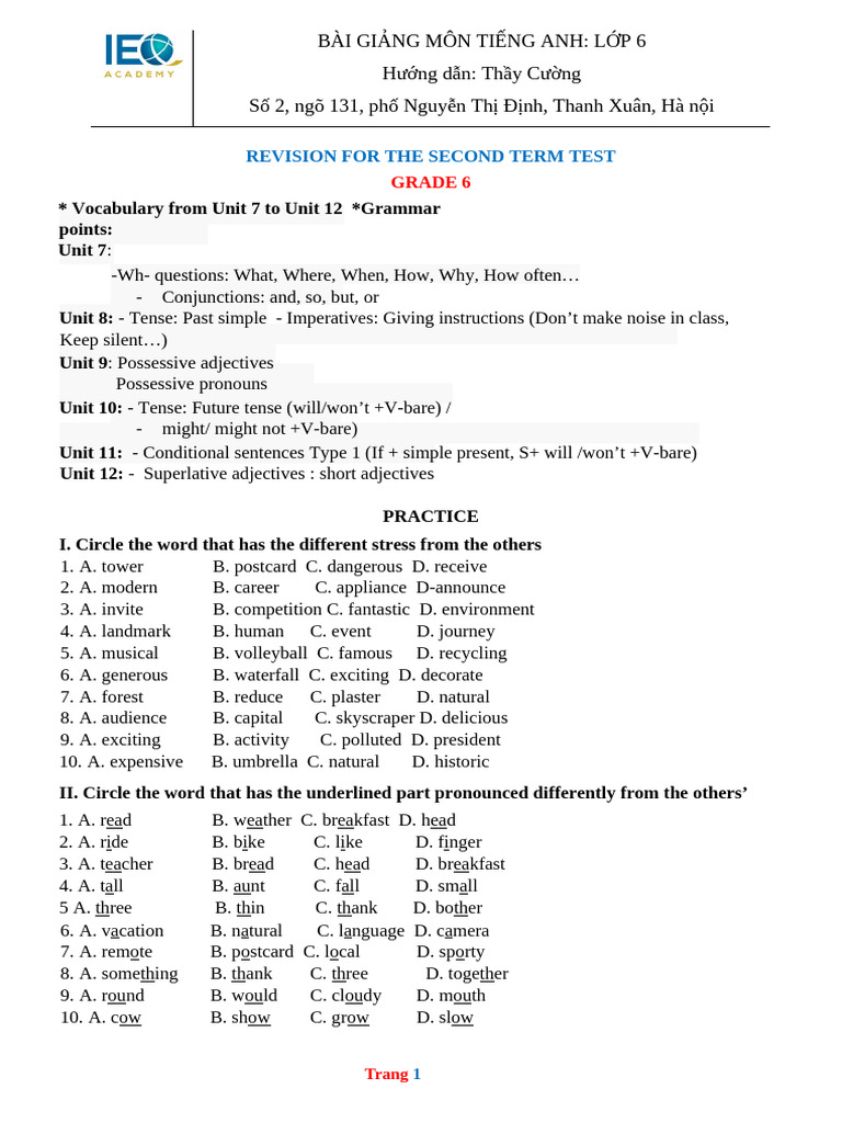 English Revision for Grade 6 Students | PDF