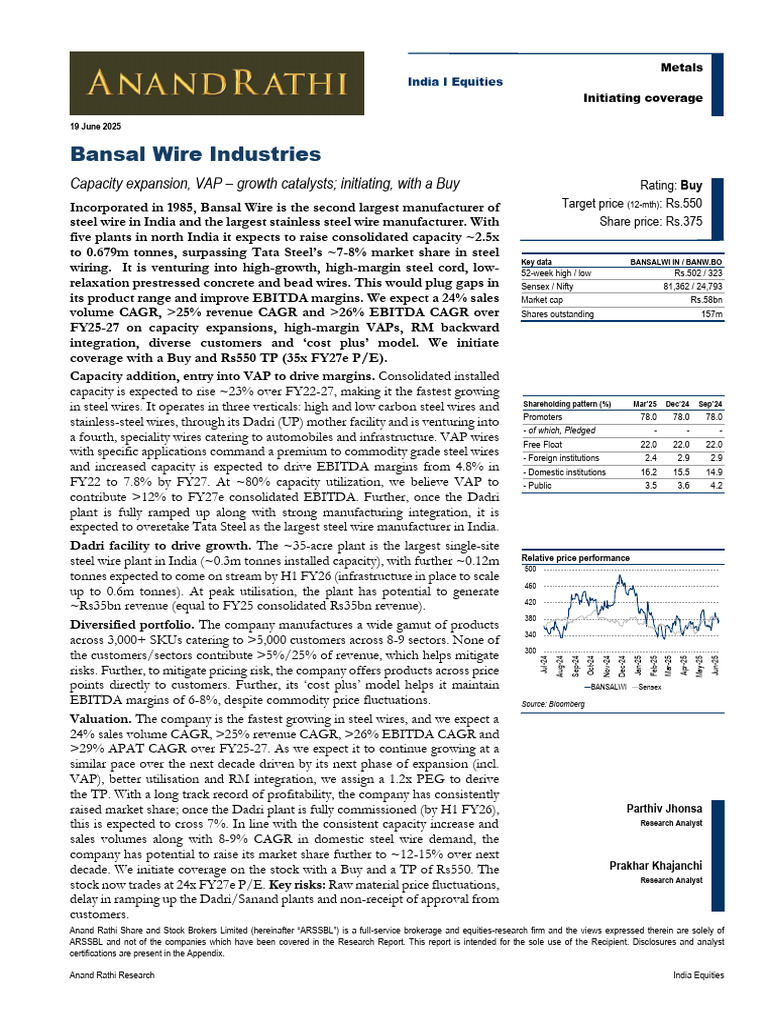 Anand Rathi Initiating Coverage On Bansal Wire Industries With 46 | PDF | Stocks | Valuation ...