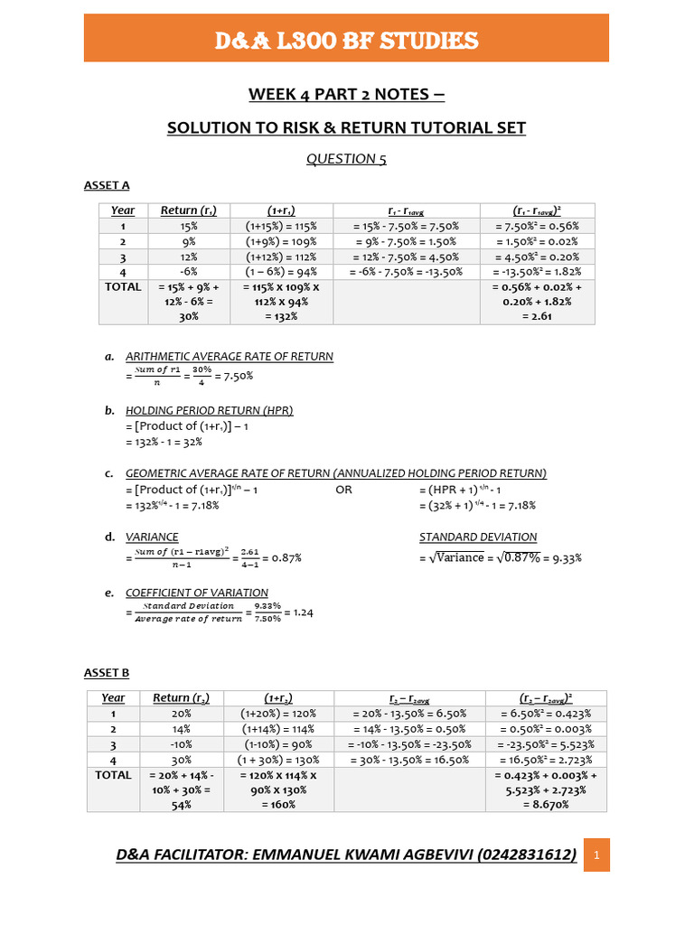 BF Week 4 Part 2 Notes (Risk and Return) | PDF | Diversification ...