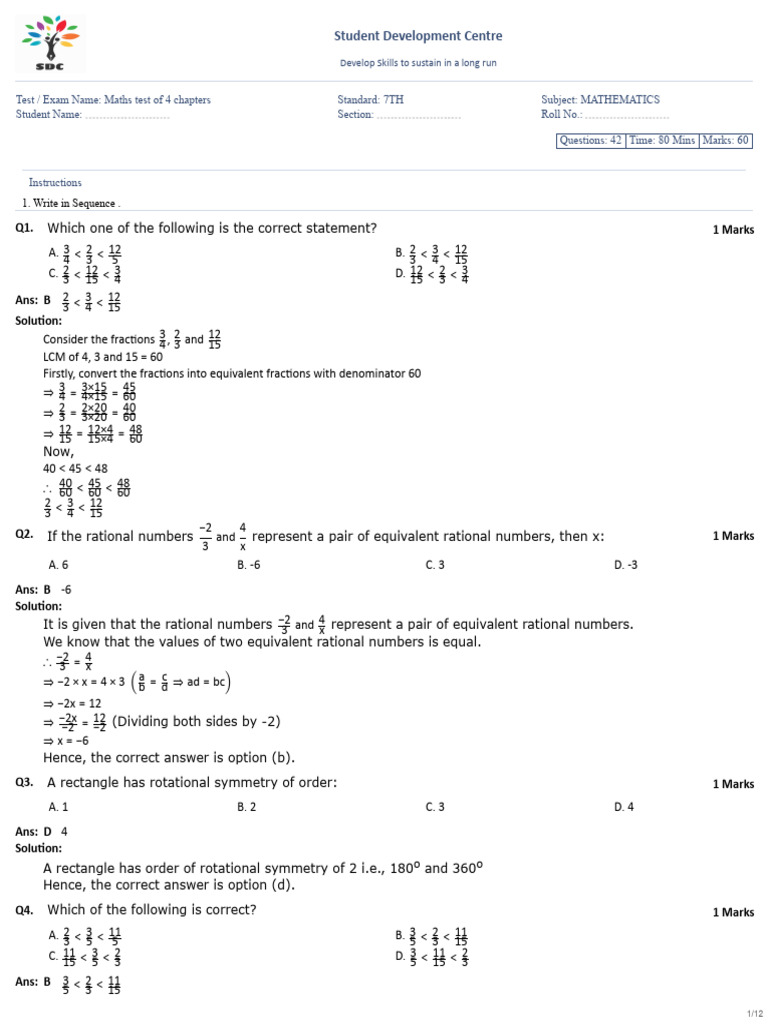 Maths Test of 4 Chapters - 7TH-MATHEMATICS-Answersheet | PDF ...