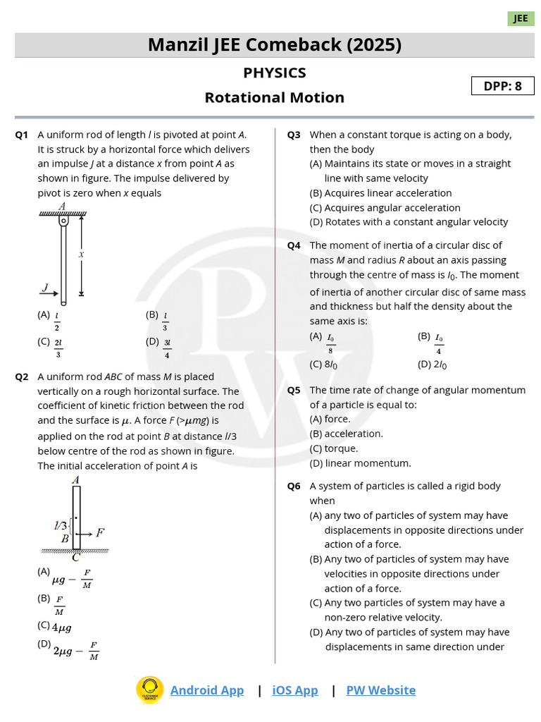 DPP 08 - Rotational Motion | PDF | Rotation Around A Fixed Axis | Quantity