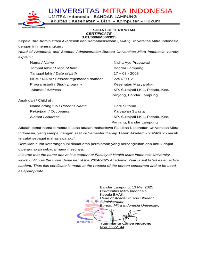 Surat Universitas Mitra Indonesia | PDF