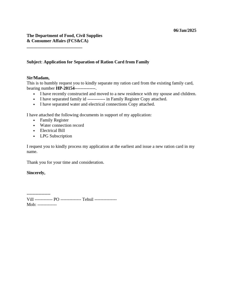 Application For Separation of Ration Card From Family | PDF
