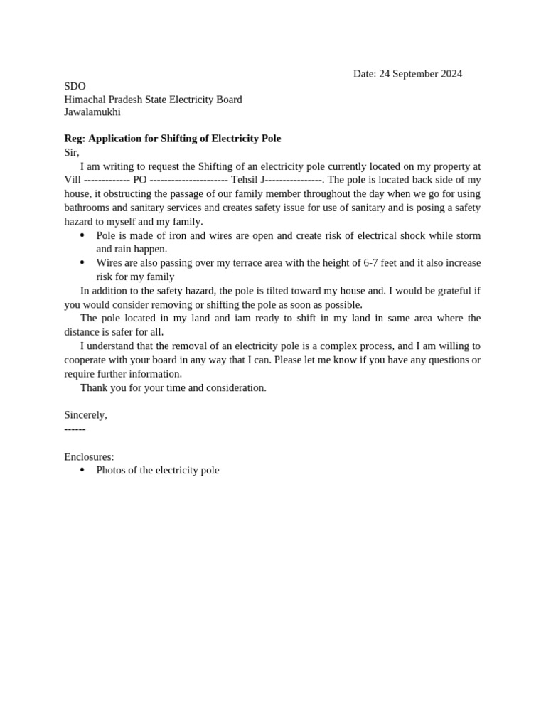 Application For Shifting of Electricity Pole | PDF