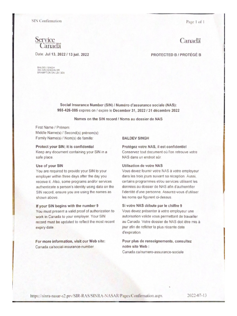 SIN Confirmation | PDF