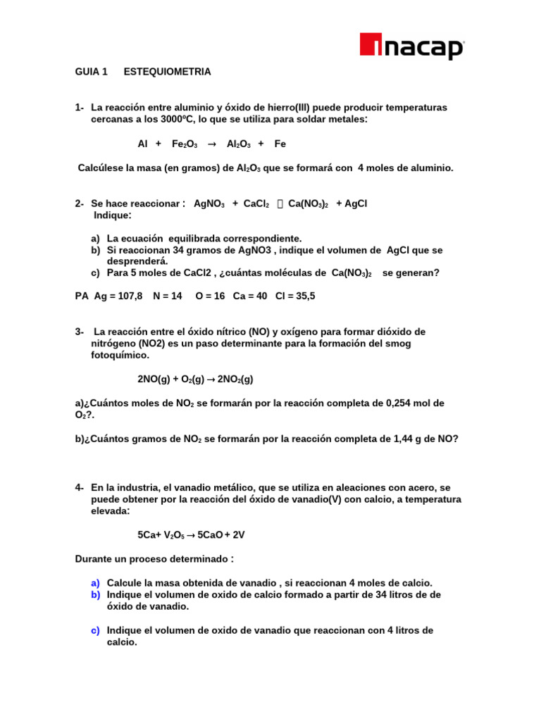 Guia 1 Estequiometria | PDF | Ácido nítrico | Mole (Unidad)