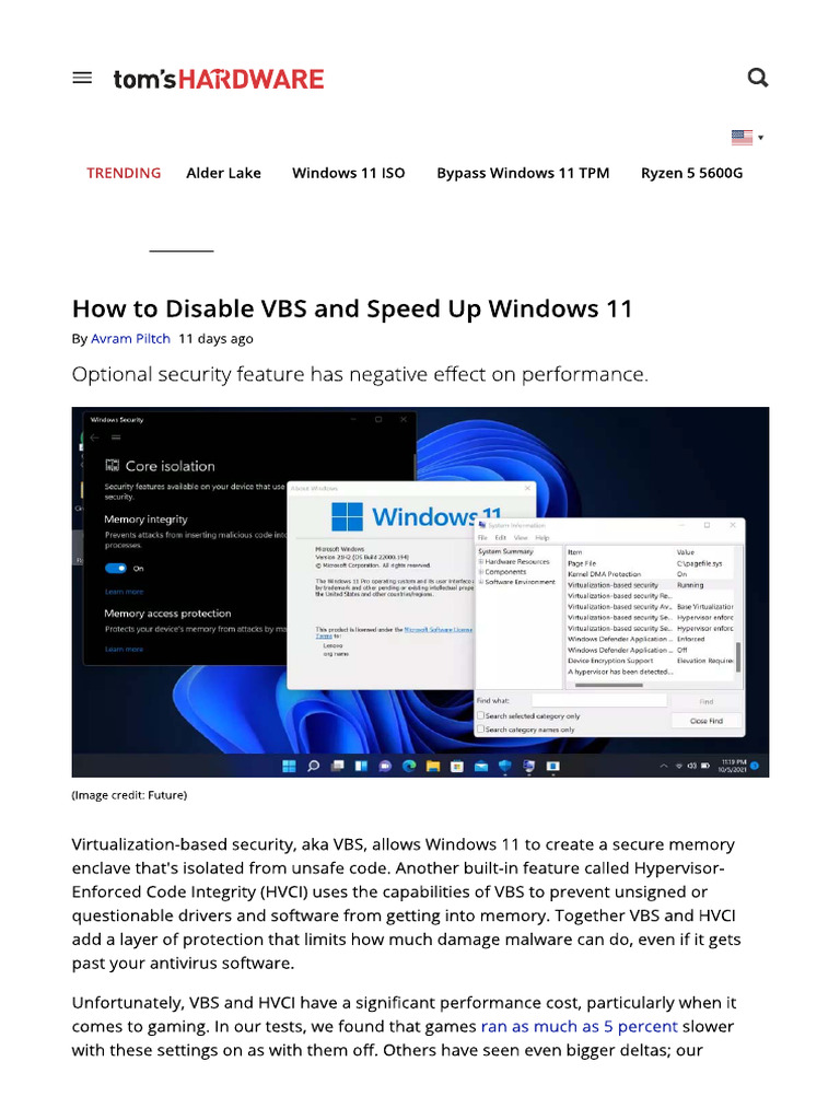 How To Disable VBS and Speed Up Windows 11 - Tom's Hardware | PDF ...