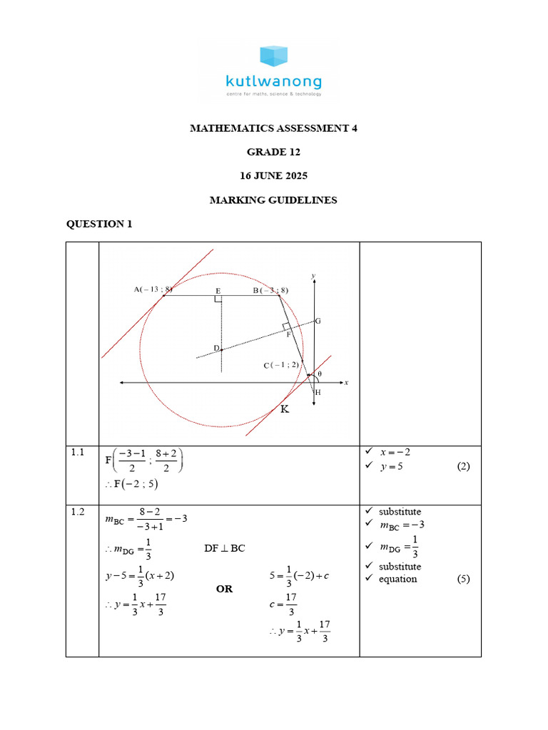 Grade 12 Mathematics Assessment 4 (16 June 2025) Memorandum | PDF | Circle | Elementary Geometry
