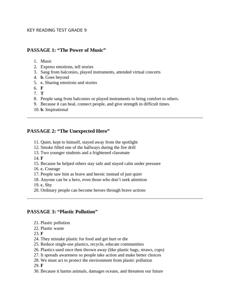 Key Reading Test Grade 9 | PDF