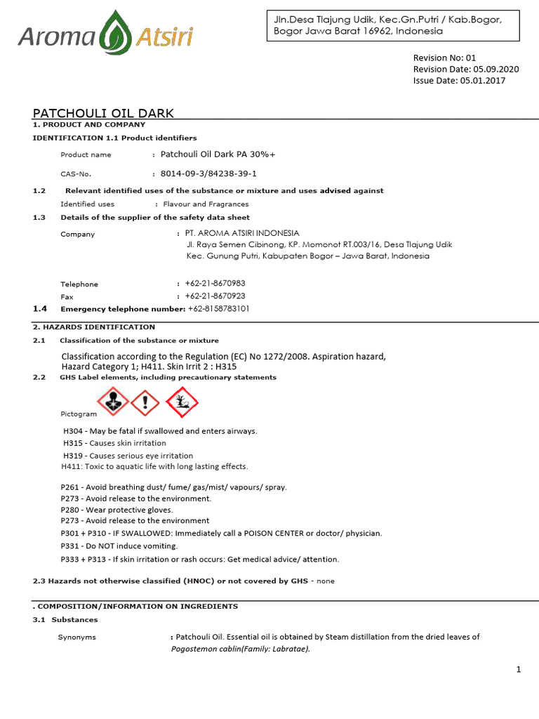 Patchouli Oil Dark MSDS | PDF | Dangerous Goods | Chemistry