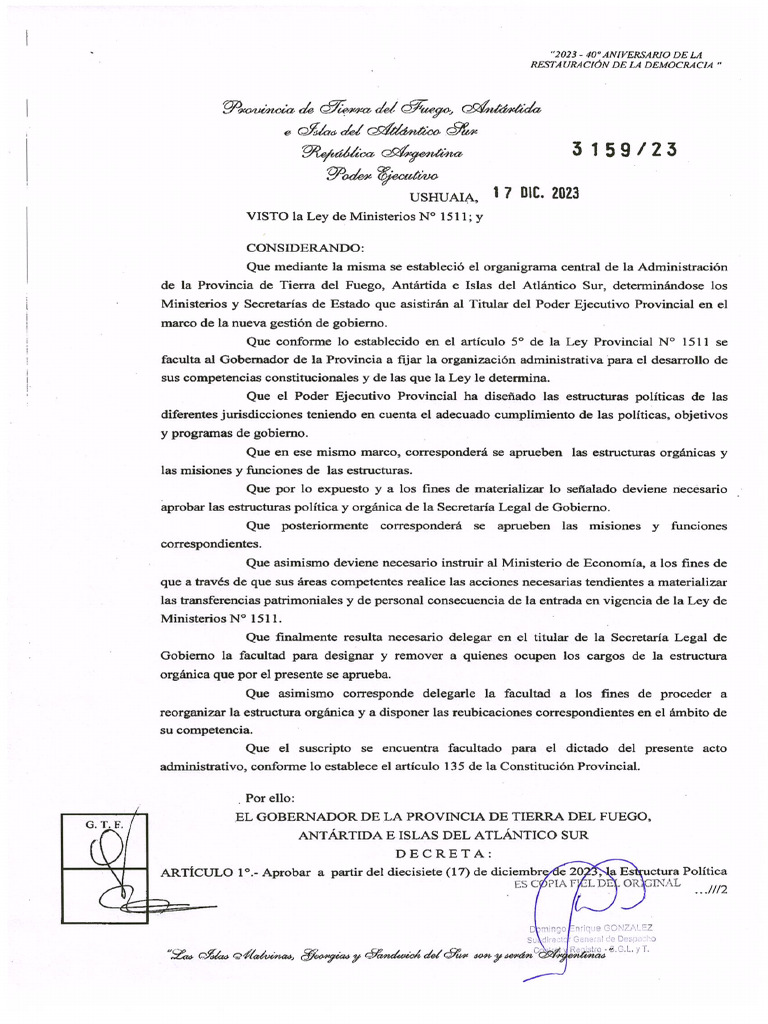 Copia Certificada Decreto Pcial. 3159-23 Secretaria Legal | PDF