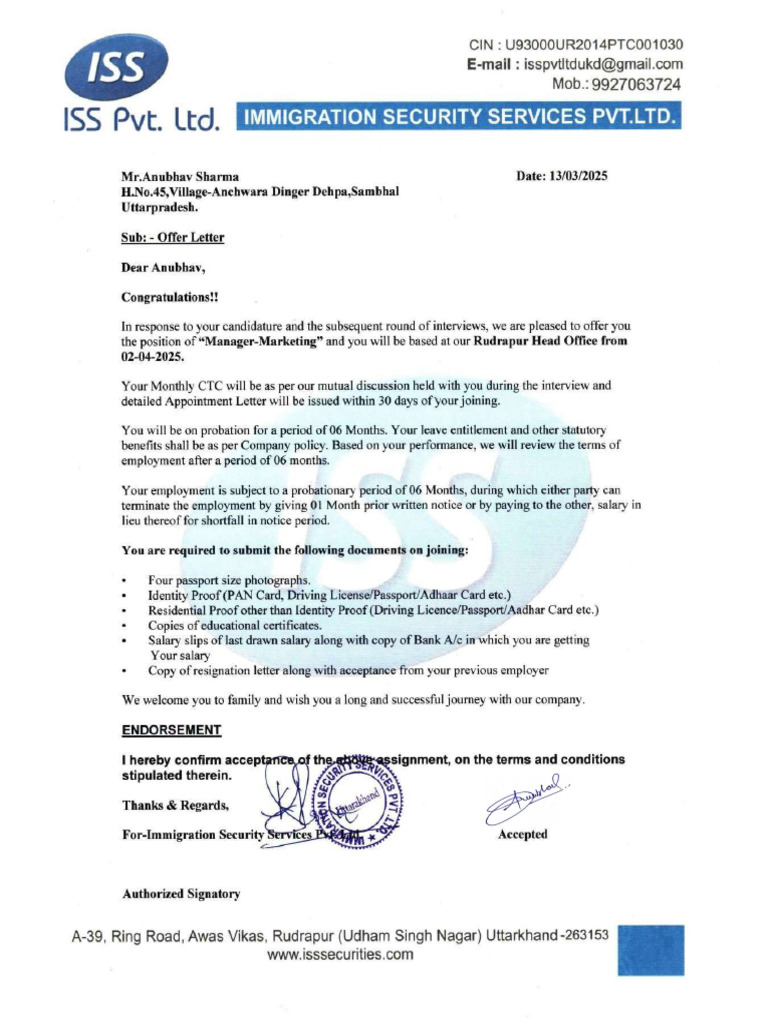 Acceptance Offer Letter Anubhav Sharma | PDF