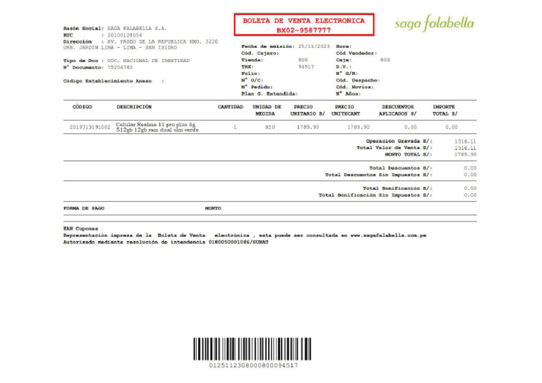 Boleta Falabella | PDF