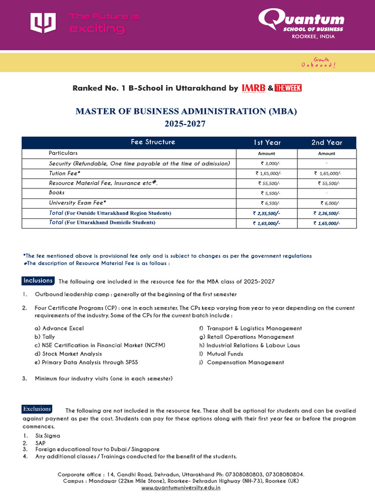 Fee Structure MBA 2025-27 | PDF