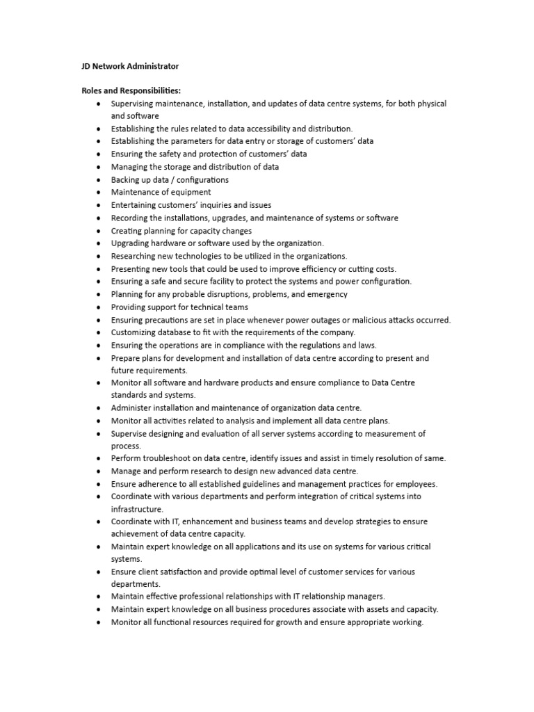 JD Network Administrator v1 | PDF | Data Center | Cisco Certifications