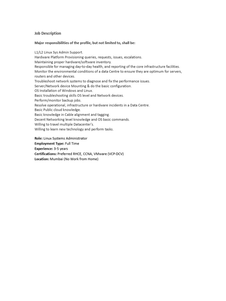 Junior Linux Systems Administrator JD | PDF