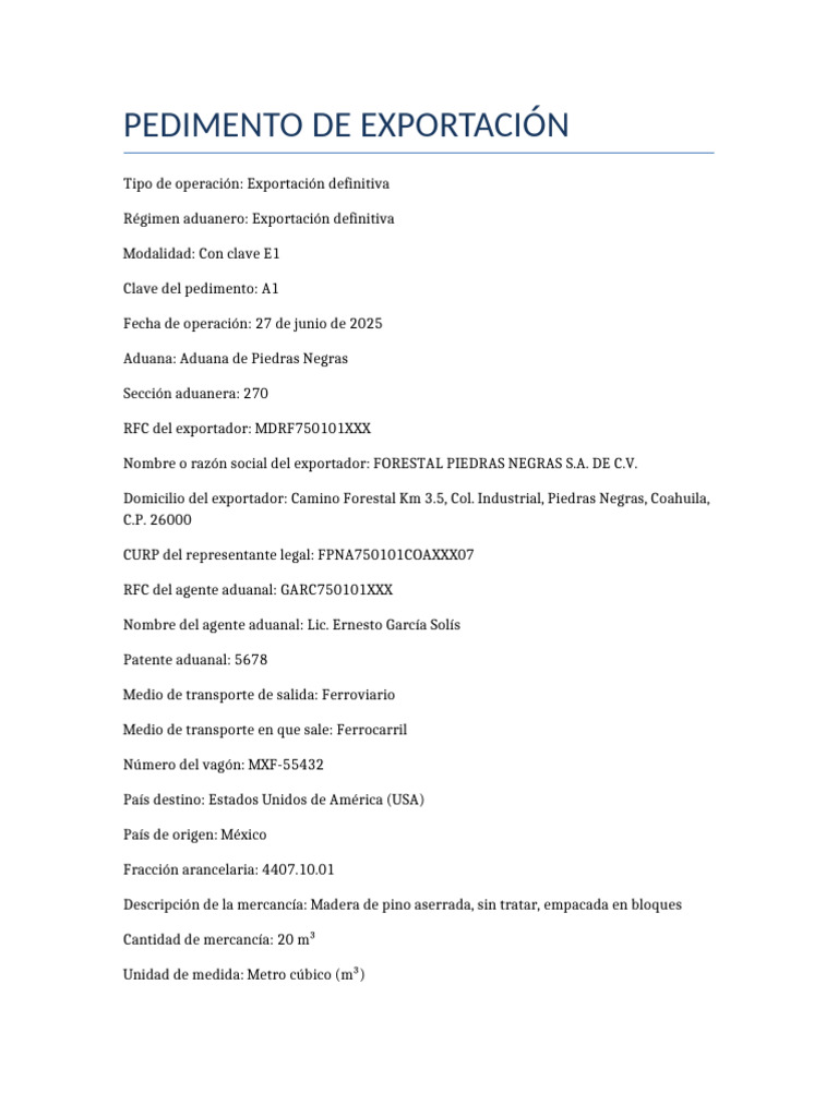 Pedimento Exportacion Madera Ferrocarril | PDF