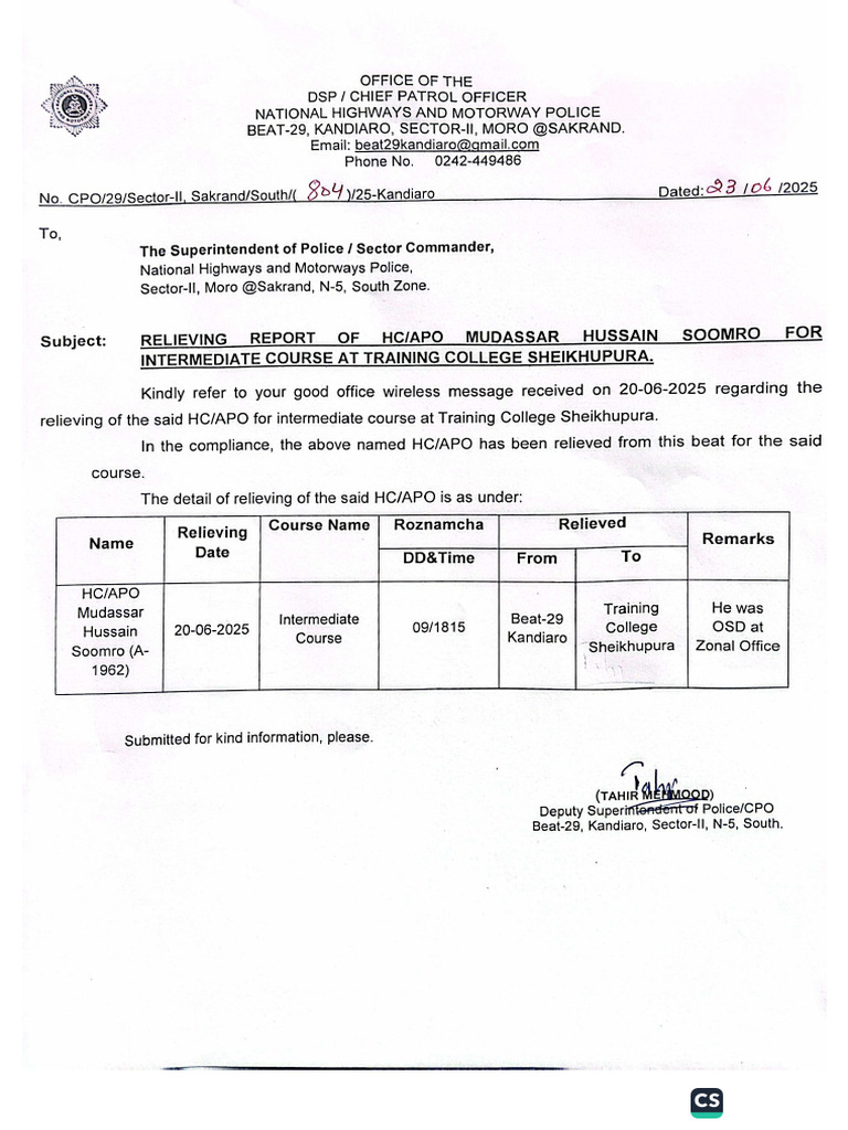 Relieving Report Mudasir | PDF