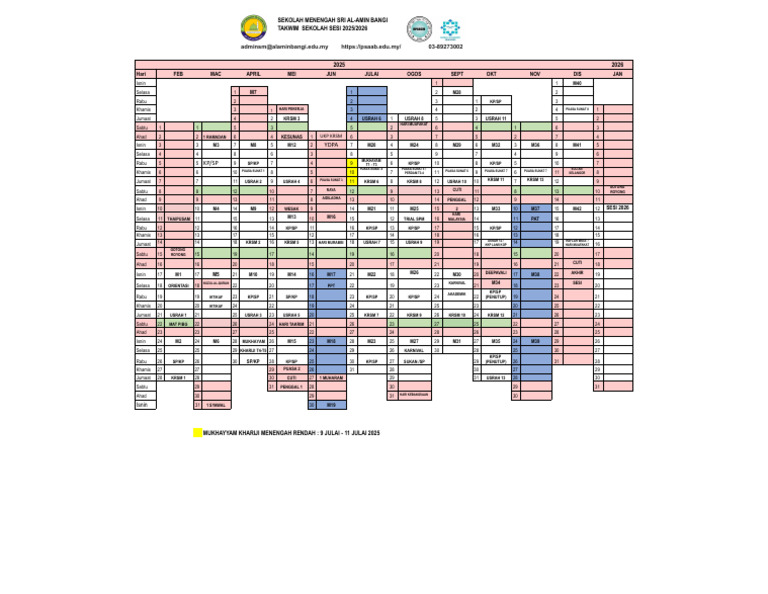Takwim 2025 2026 Versi Pelajar - XLSX - Takwim | PDF
