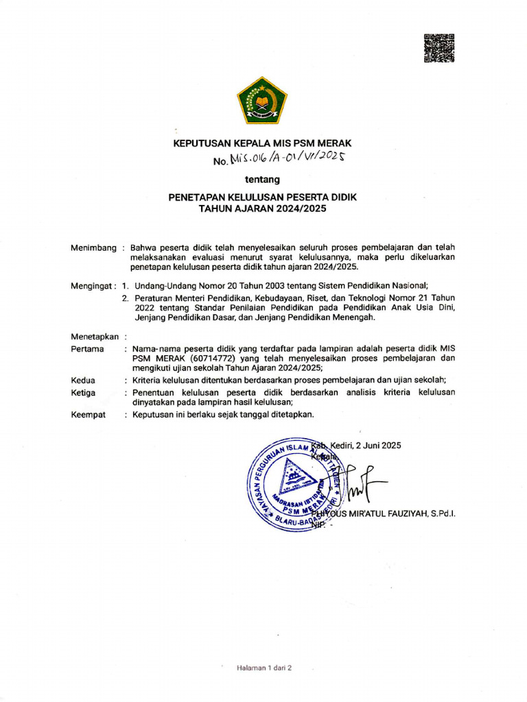 SK Penetapan E Ijazah MI PSM Merak UNGGAH | PDF