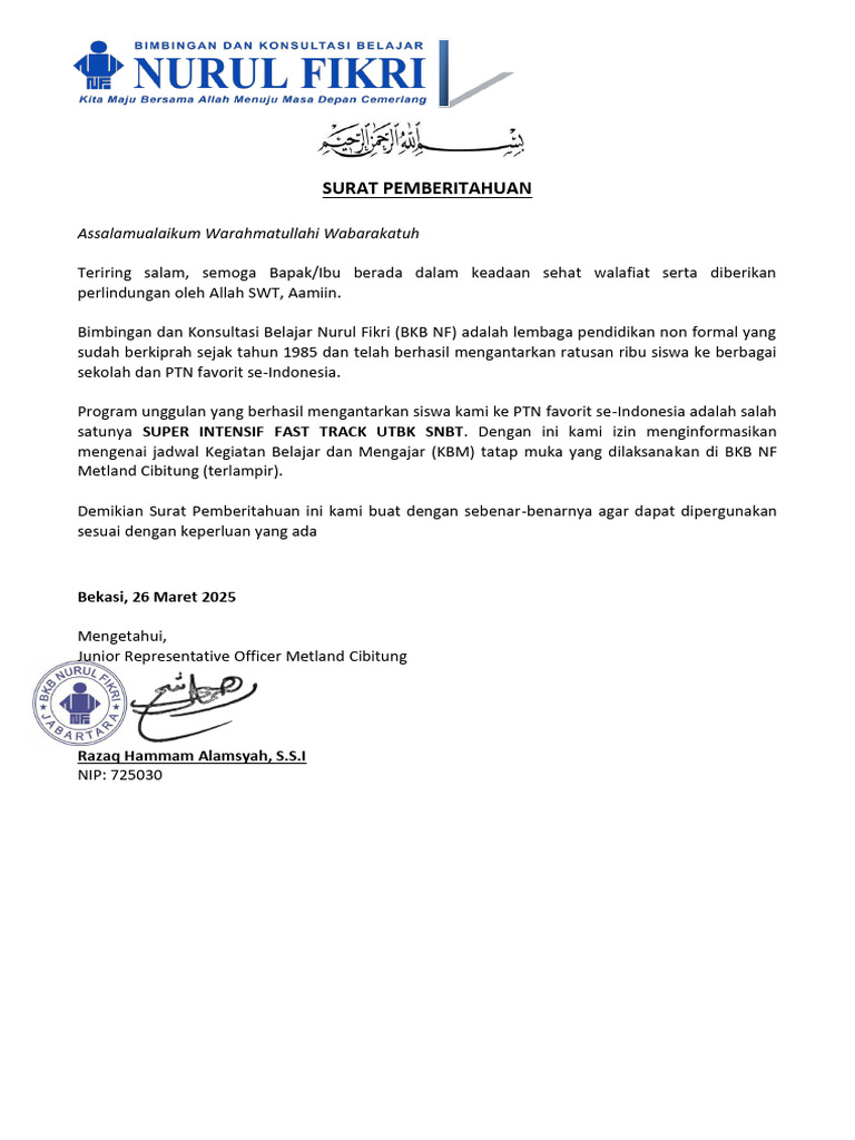 Surat Pemberitahuan Jadwal KBM BKB NF Metland Cibitung | PDF