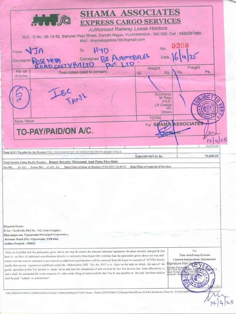 Received Copy of LR and Invoice - Hyderabad 9208 | PDF