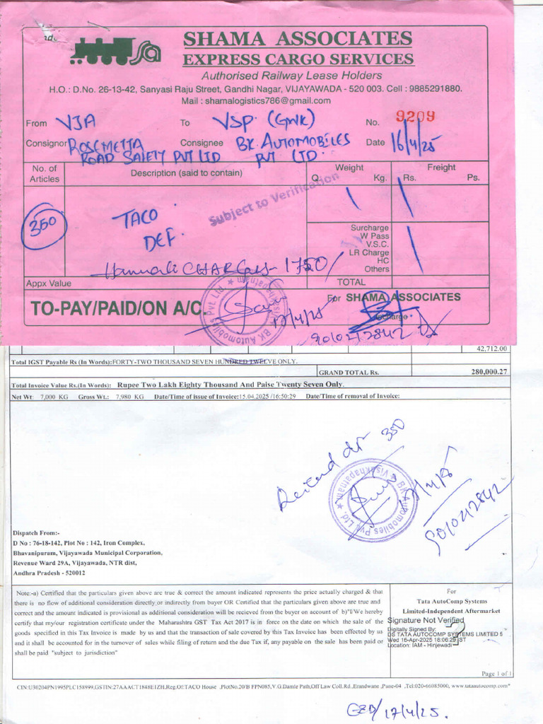 Received Copy of LR and Invoice - Visakhapatnam 9209 | PDF