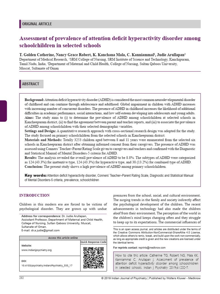 Assessment of Prevalence of Attention Deficit.4 | PDF | Attention Deficit Hyperactivity Disorder ...
