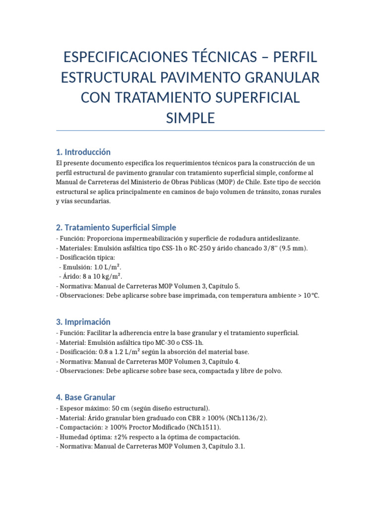 Especificaciones Perfil Pavimento Granular MOP | PDF
