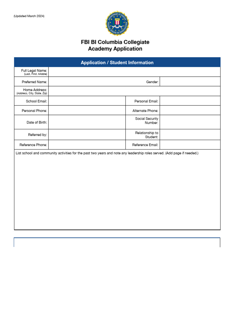 FBI Columbia Collegiate Academy Application | PDF | Federal Bureau Of ...