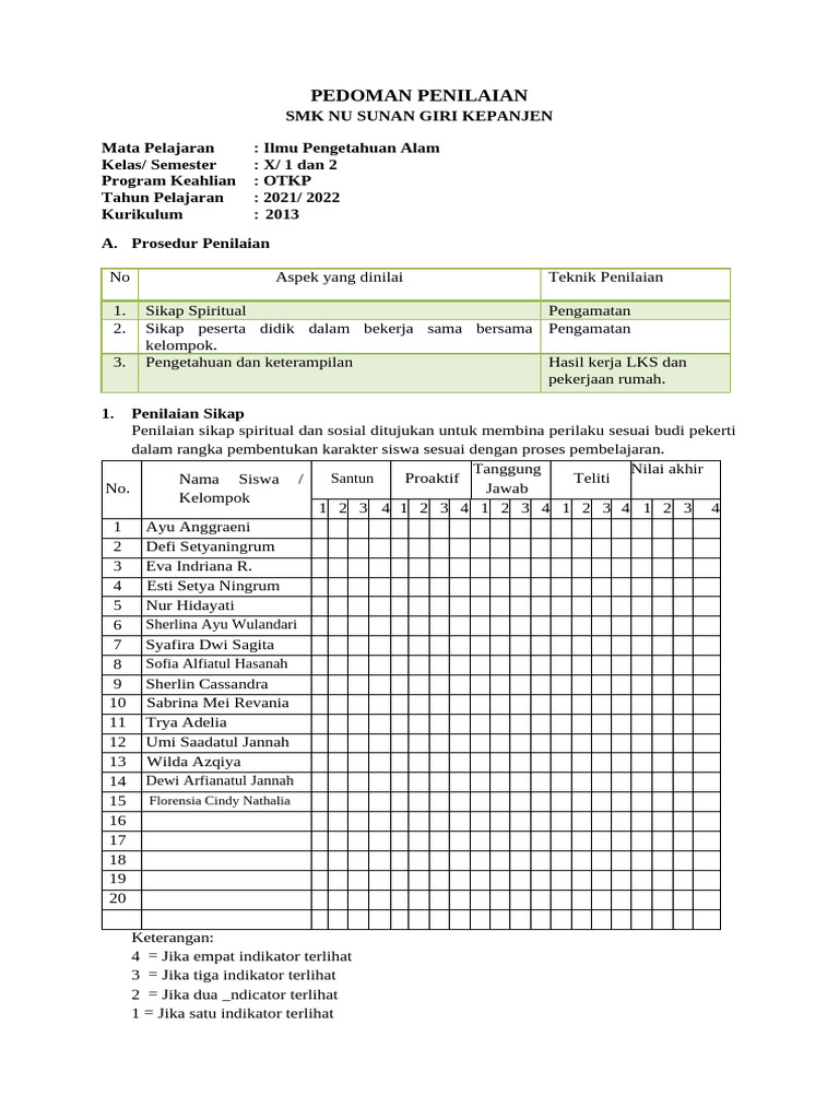 Pedoman Penilaian Kelas X OTKP | PDF