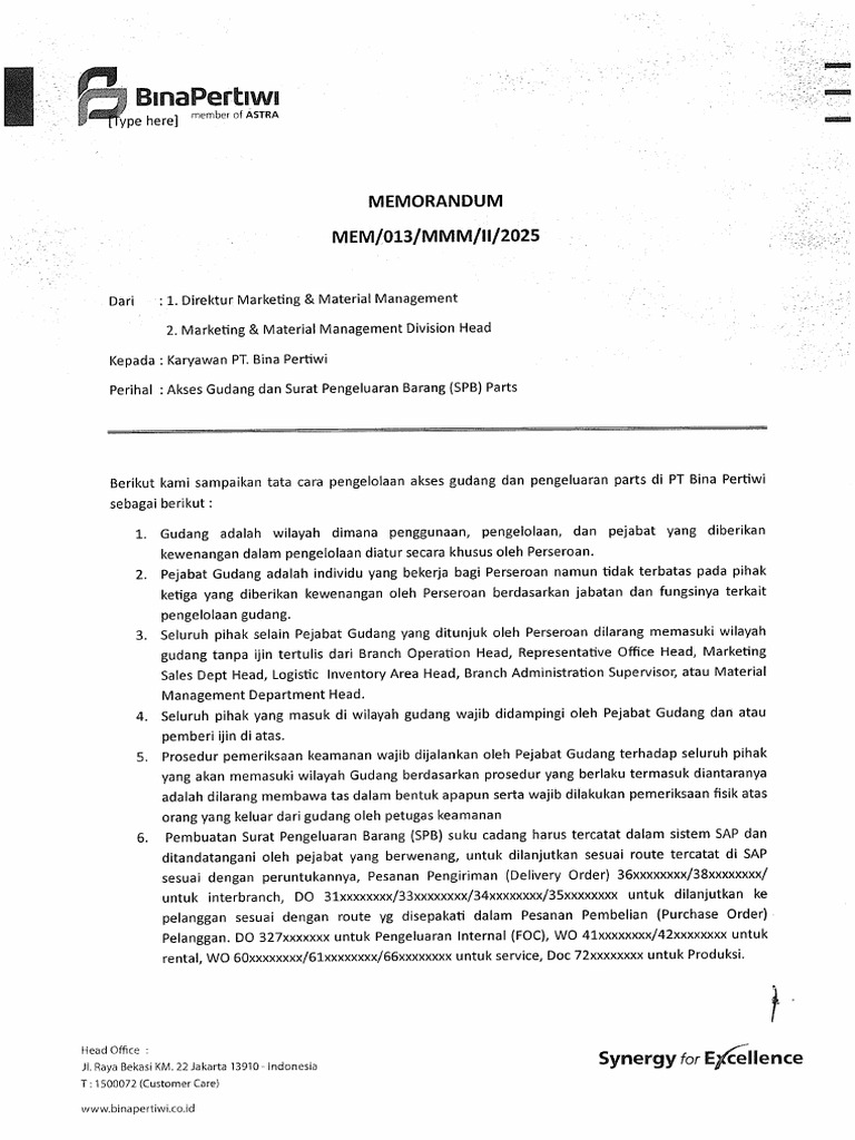 Contoh Memo Pemberitahuan Perusahaan Perusahaan | PDF