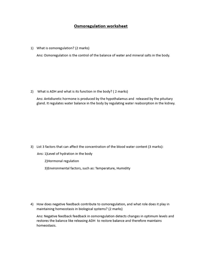 Osmoregulation Worksheet | PDF
