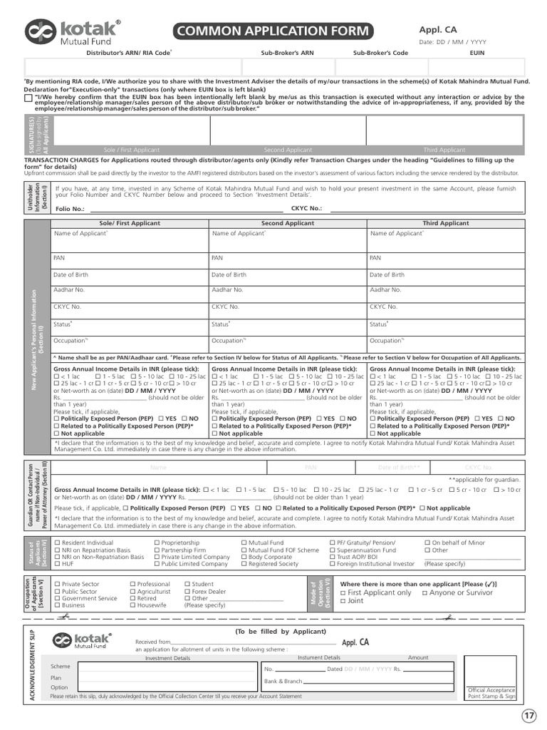 Kotak MF Common Application Form | PDF | Dividend | Investing