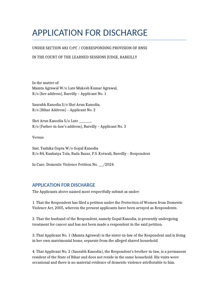 Discharge Application DV Mamta Saurabh Arun | PDF | Justice | Crime ...