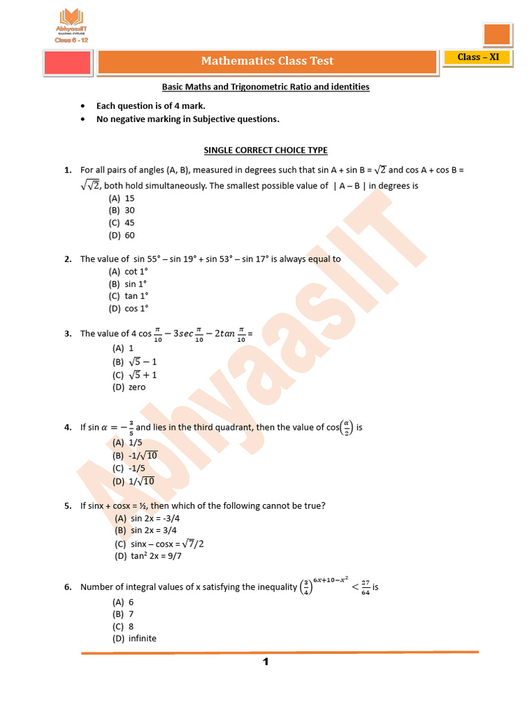 Class XI Maths Test: Trigonometry & Basics | PDF | Pi | Mathematical ...