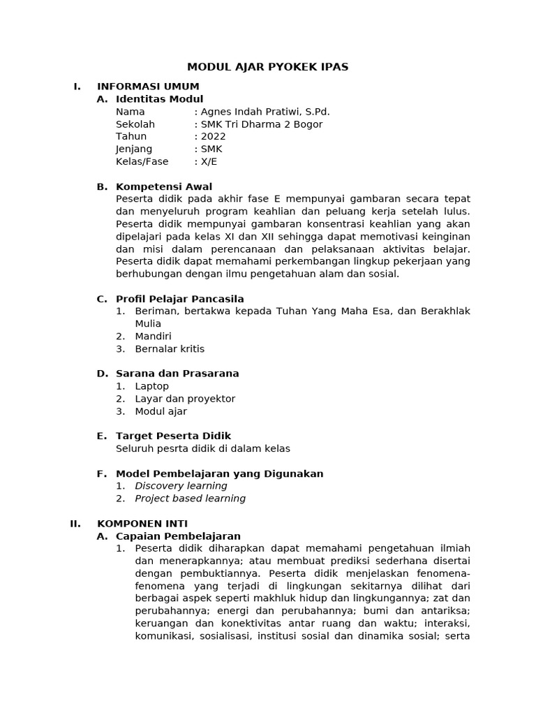 Modul Ajar Pyokek Ipas SMK 2022 | PDF