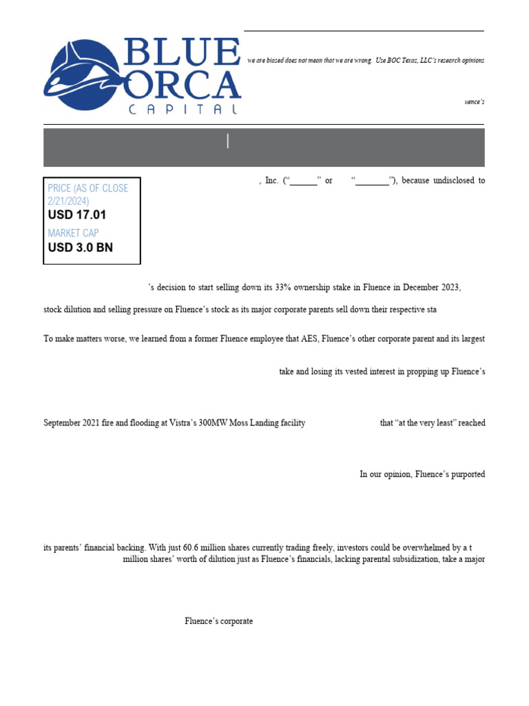 Blue Orca Is Short Fluence Energy, Inc | PDF | Siemens | Lawsuit