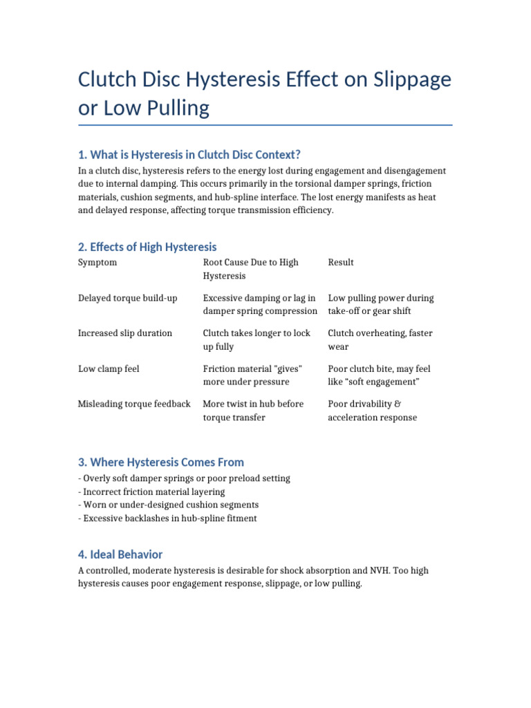 Clutch Disc Hysteresis and Slippage Effects | PDF