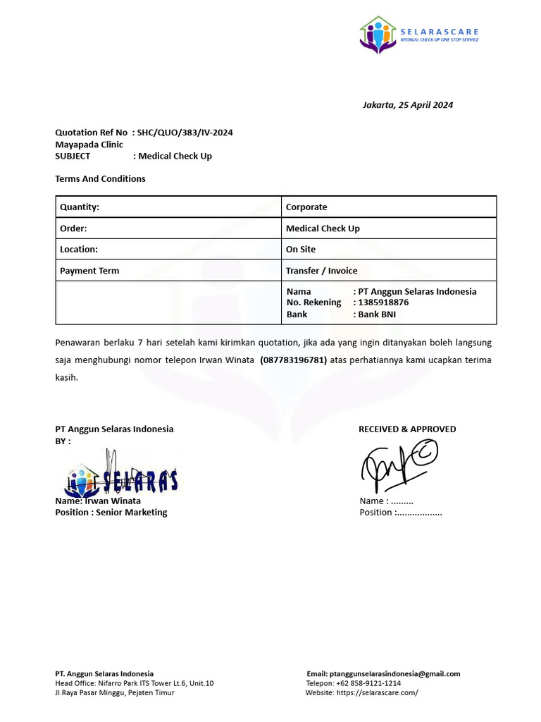383 Quatation MCU Mayapada Clinic (Bu Yani) .Docx - Ditandatangani | PDF