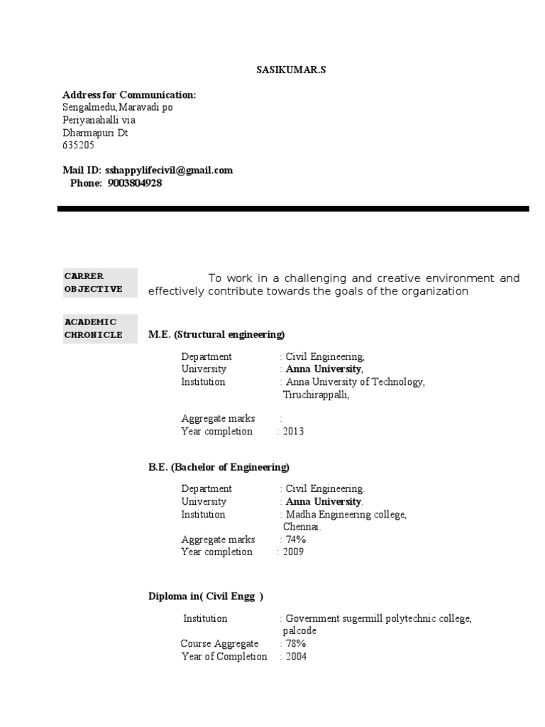 Civil Engineer Resume: Sasikumar S. | PDF | Vocational Education | Educational Stages