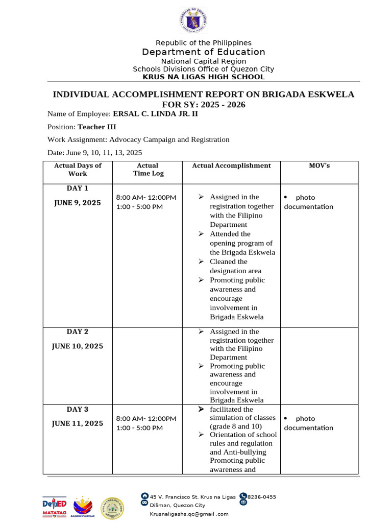Accomplishment Report For BRIGADA 2025 2026 - Linda | PDF | Metro ...