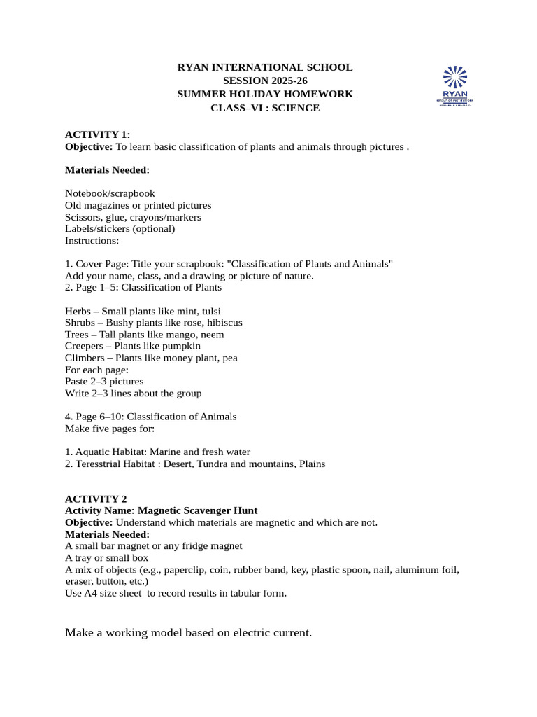 Class-VI Science Summer HHW (2025-2026) | PDF